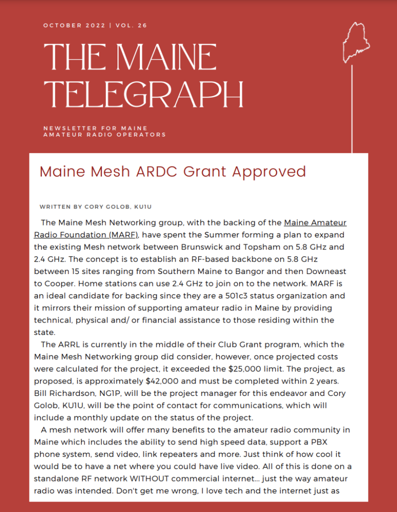 Maine Telegraph October 2022 Edition Available – ARRL New England Division