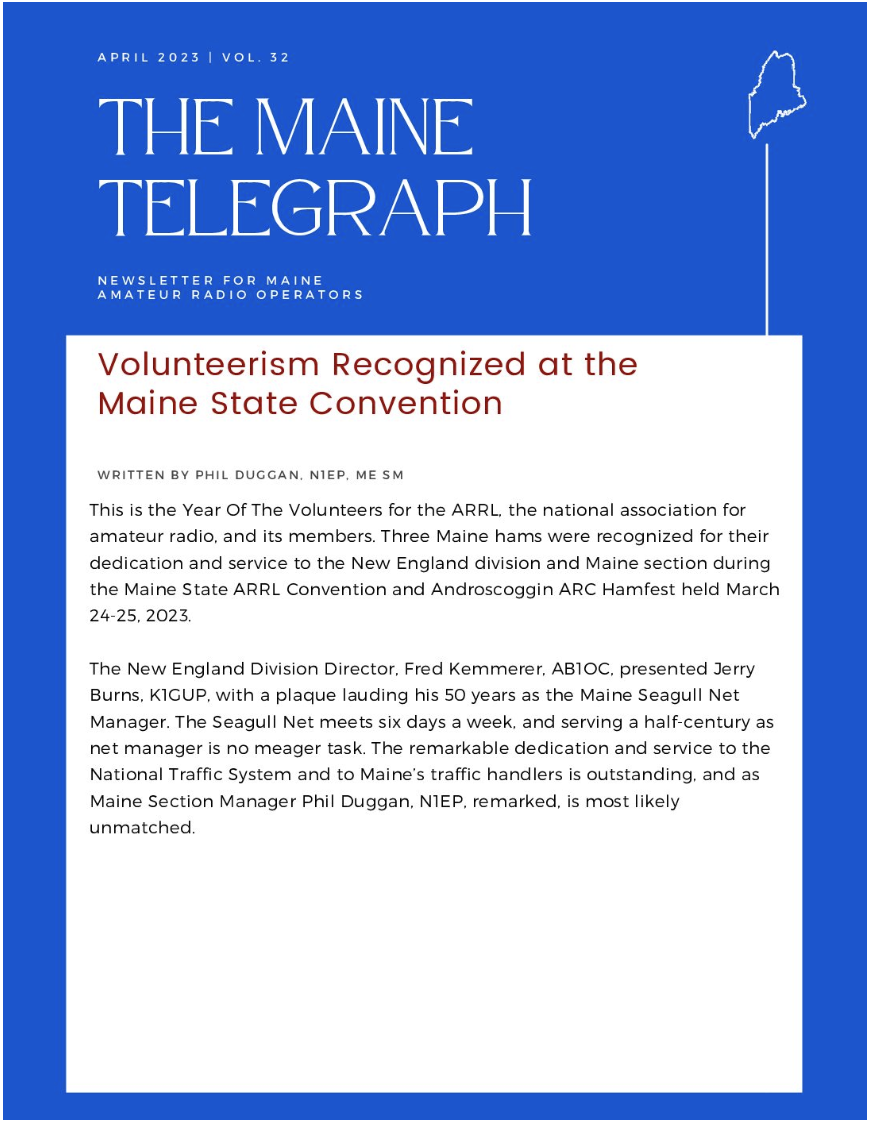 Maine Telegraph April 2023 Now Available – ARRL New England Division